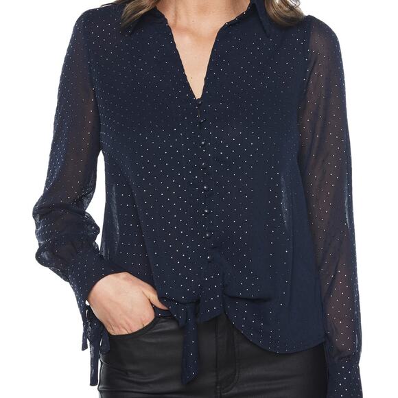 Bardot | Tops | Bardot Sheer Tie Front Top Navy Blue Silver Dot 6 ...